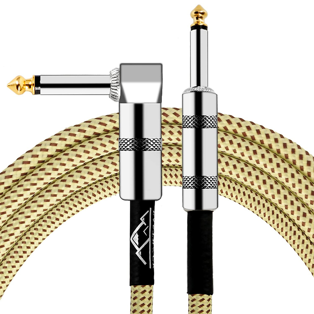 EASTROCK 1/4 inch Guitar Instrument Cable 10/20 Foot Right Angle to Straight Tweed Cloth Jacket Guitar Cable Input for Electric Guitar, Bass, Amp, Keyboard, Mandolin, Mixing Desks (10 Foot Yellow)