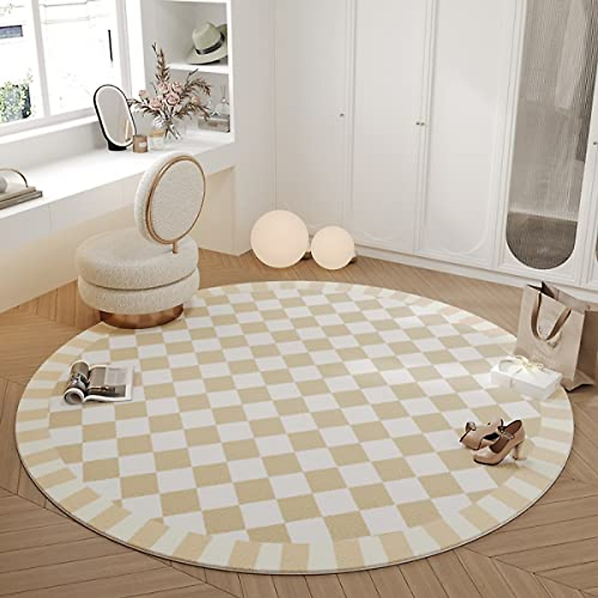 White Brown Retro Round Checkered Area Rug for Living Room Bedroom Playroom Washable Soft Wool Plush Throw Circle Carpet Under Dining Table Beside Bed Chair Runner Rug 7ft