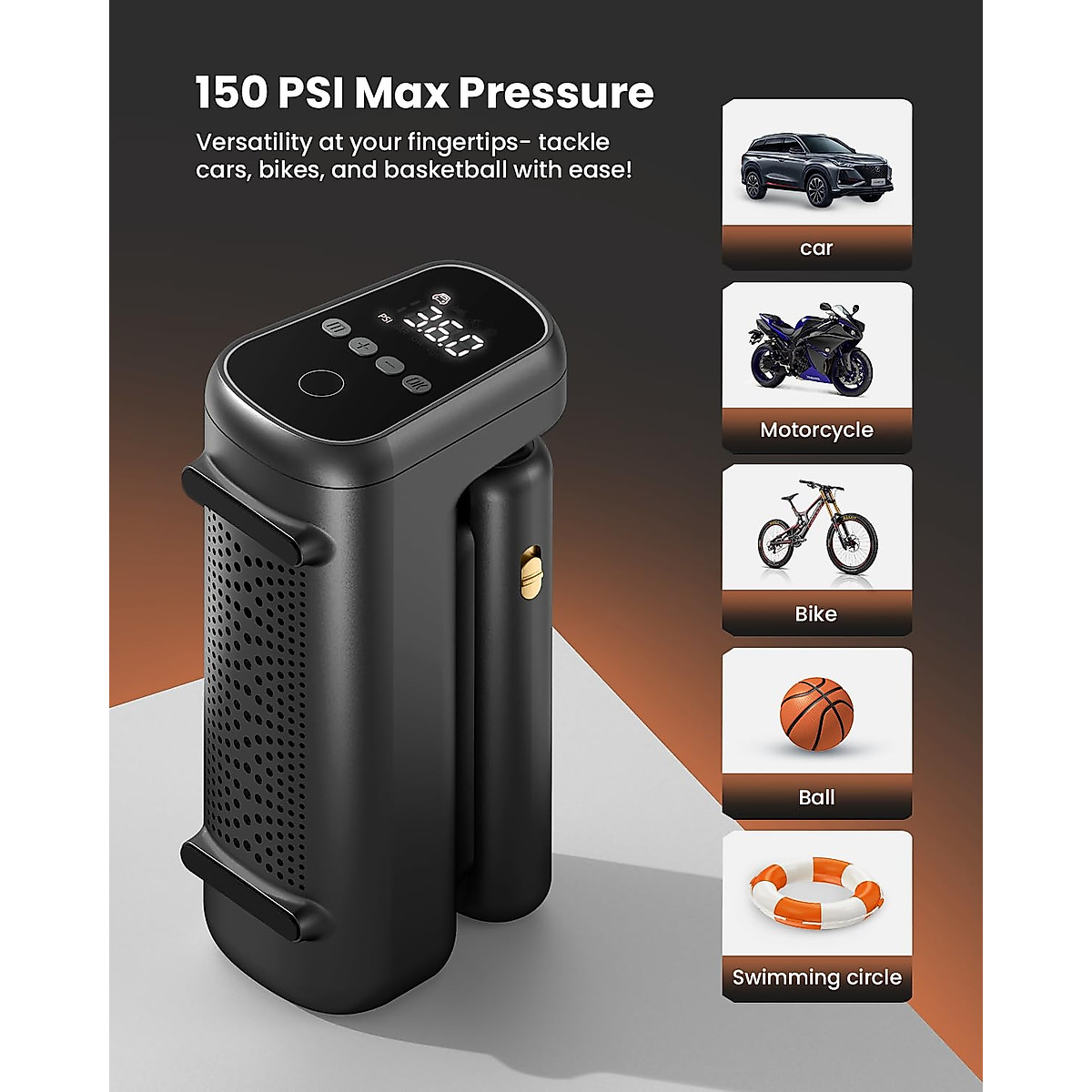 Tire Inflator Portable Air Pump: 2024 Updated SOWINK 150 PSI Electric Cordless Compressor 7800mAh Rechargeable Battery Operated, Fast Inflation Auto Shut-Off Bike Pump for Car, Bicycle, Motorcycles