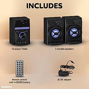 Magnavox MM441 3-Piece CD Shelf System with Digital PLL FM Stereo Radio, Bluetooth Wireless Technology, and Remote Control in Black | Blue Colored Speaker Lights | LED Display | AUX Port Compatible |