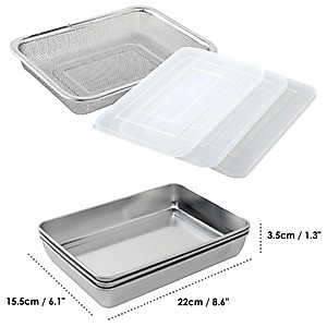 YAMAZEN, 7-Piece Set Stainless Steel Stackable Kitchen Food Containers With Flexible Clear Lids & Stainless Steel Strainer | Marinade Storage Trays | Refrigerator Fridge Freezer | Storage Kitchen