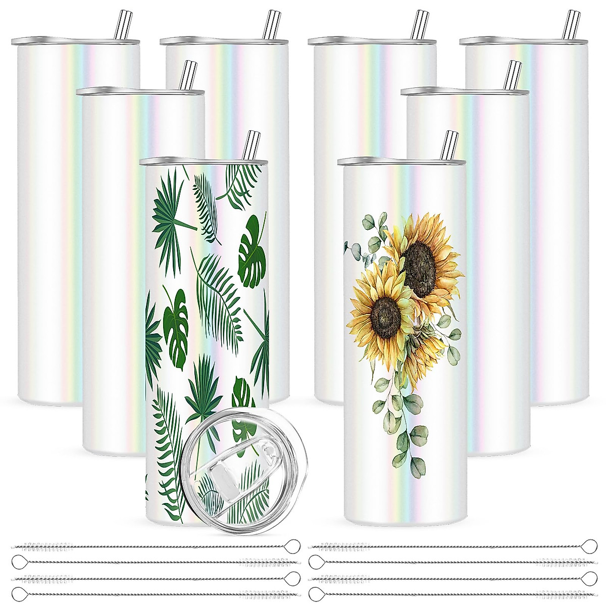 Roshtia 8 Pack Sublimation cups 20 oz Straight Skinny Tumbler Stainless Steel Glitter Tumblers Blank Double Wall Insulated Cups with Straw Brush, Lid and Straw for DIY Gift