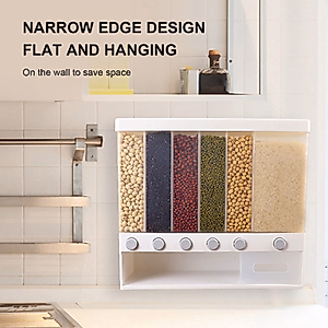 LUGBING Dry Food Dispenser, One-Click Rice Output Food Containers, Wall mounted 6 Grid Cereal Dispenser, Rice Dispenser Kitchen Storage for Rice, Beans, Grains