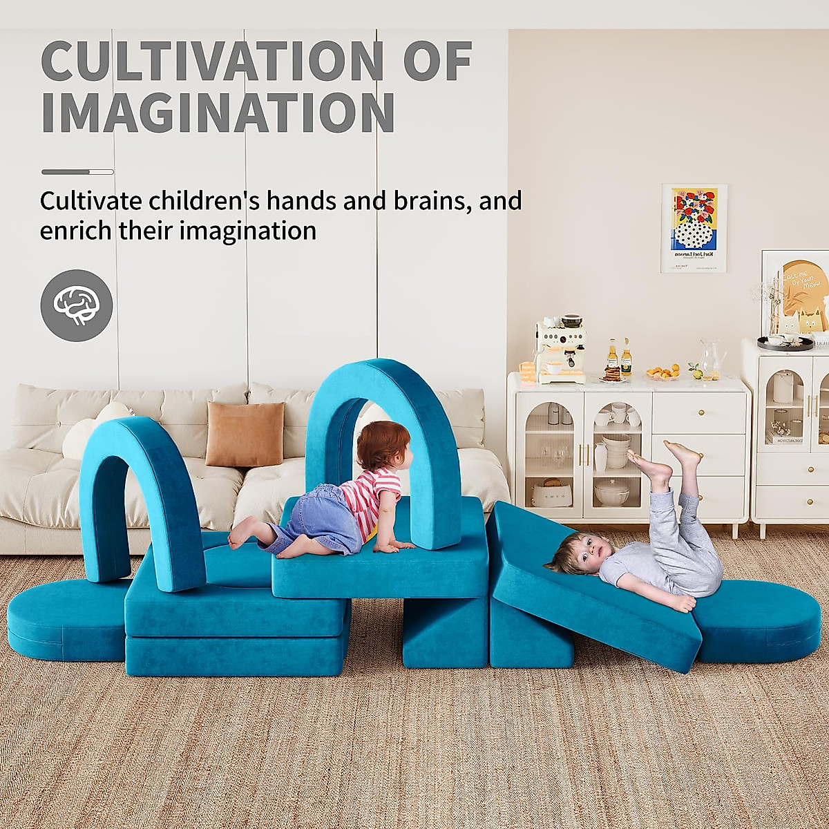 Kids Couch, 12PCS Modular Toddler Couch with 2 Triangular Cushions and 4 Arches, Fold Out Kids Couch for Playroom, Bedroom, Modular Kids Couch for Boys and Girls, Kids Play Couch for Kids (Blue)