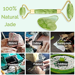 Dsenfurn Gua Sha Facial Tools Set and Jade Roller for Face, Jade Roller, 100% Real Natural Stone Beauty Jade Facial Roller Massage Tool for Face Eyes Neck Body – Anti Aging Beauty Treatment