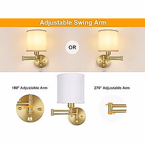 Plug in Wall Sconces with Remote Control, Dimming 10%-100% & Adjustable Colors 2700K-6500K, Hardwire or Plug-in, Swing Arm Wall Lamp with White Fabric Shade, Wall Sconces Set of Two, Gold Finish