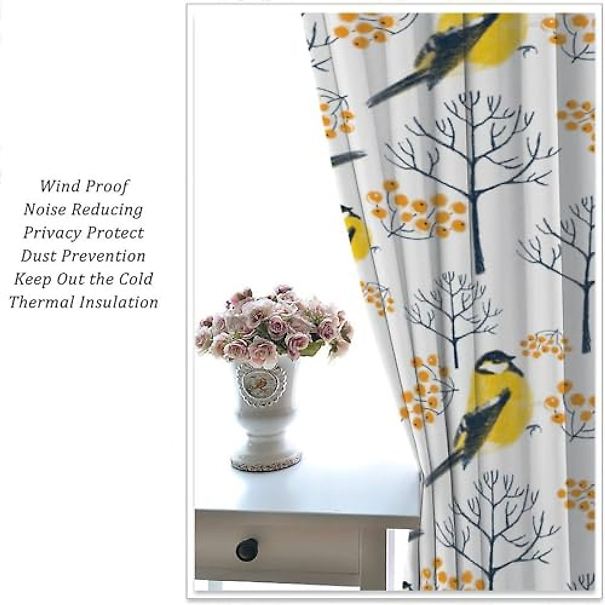 Birds Window Curtains for Bedroom Winter Pattern with Birds on The Tree Bedroom Rod Pocket Light Filtering Drape Curtain for Kids Room W42 x L63 Inch