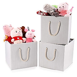 Robuy Set of 3 Beige Bamboo Fabric Cube Storage Bins with Cotton Rope Handle, Collapsible Resistant Basket Box Organizer for Shelves Size 13x13 x13 inch