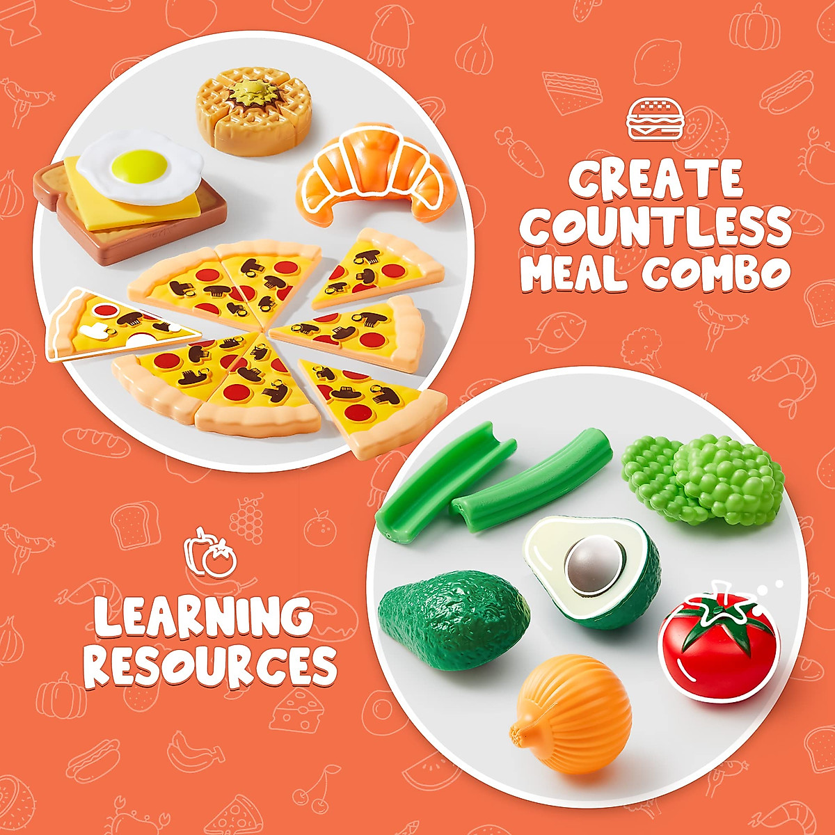 Play Food Set 135 Pieces Play Kitchen Set for Market Educational Pretend Play, Food Playset, Kids Toddlers Toys, Kitchen Accessories Fake Food, Party Favor Christmas Stocking Stuffers