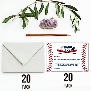TENTADO Baseball Thank You Cards, Baseball Thank You Cards with Envelopes, Kids Fill in the Blank Thank You Cards, 20 Count with Envelopes, 4X6 inch.