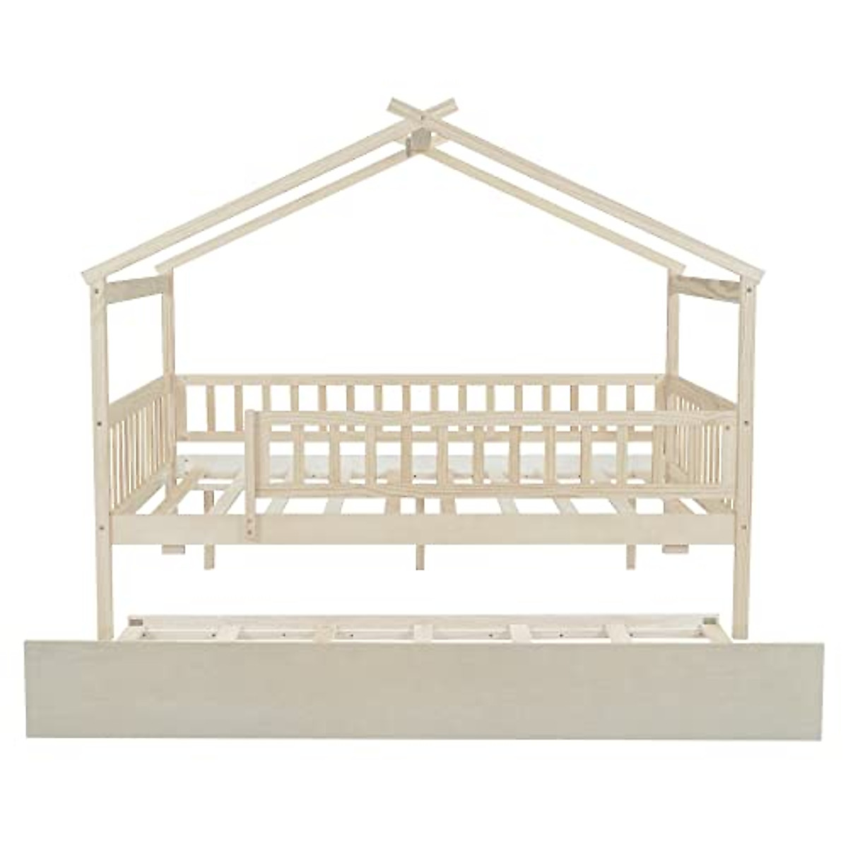 DEINPPA Full House Bed with Trundle, Kids Bed with Fence Guardrails, Wood Bed Frame, Decorative Roof Designs, No Box Spring Needed, for Boys Girls Toddler Kids-Natural
