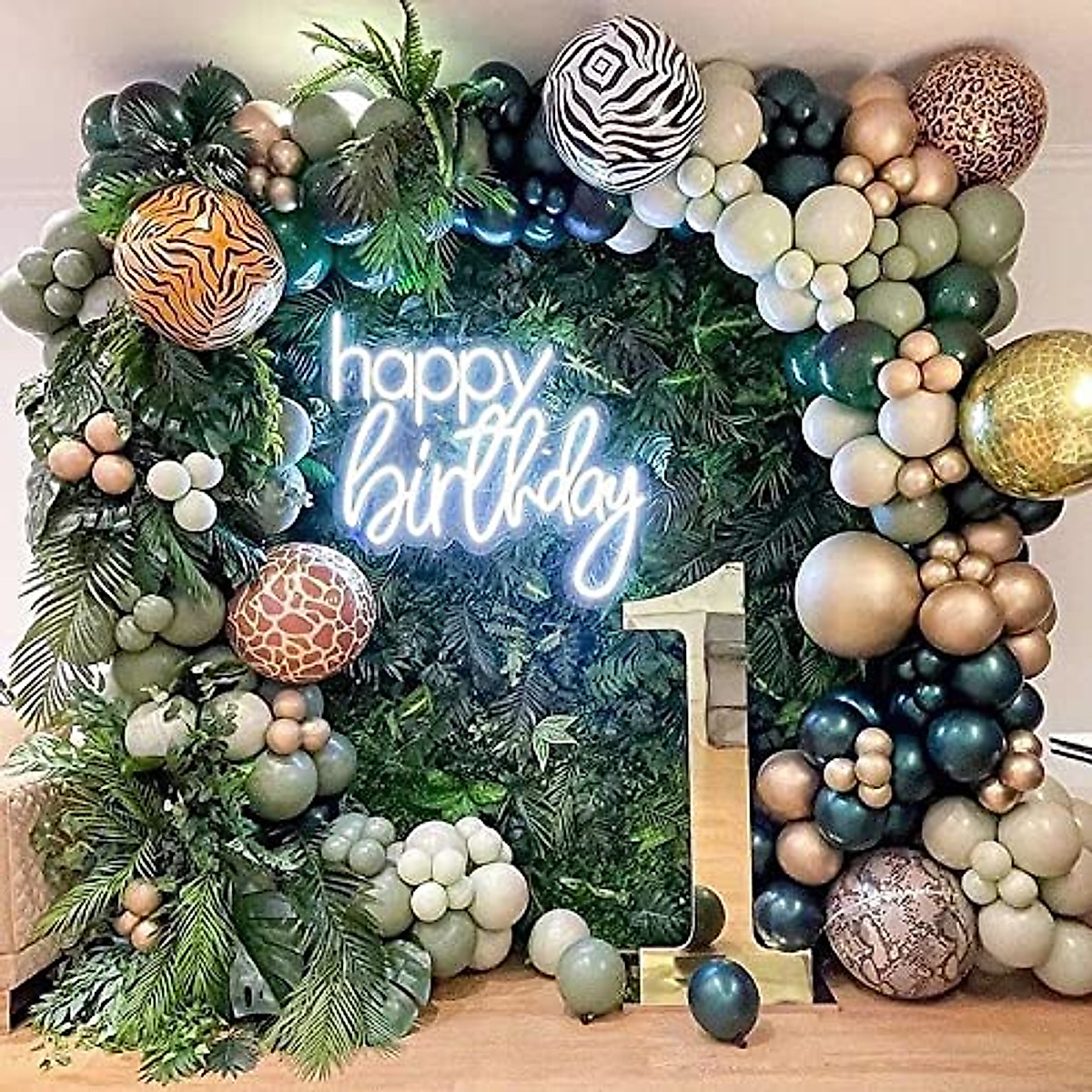 128pcs Safari Jungle Balloon Garland Arch Kit- Sage Green and Brown Balloons with Animal Print for Wild One Tropical Theme Party Supplies Olive for Boy First Bithday Baby Shower Wedding Graduation Gold White Decorations (Safari Balloons Set)