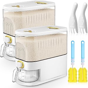 Singhoow 2 Pcs 11lbs Rice Storage Container Large Rice Dispenser with Time Scale Cereal Dry Food Dispenser Rice Holder with Rice Washing Spoon and Cleaning Brush for Kitchen, Clear and Ivory White