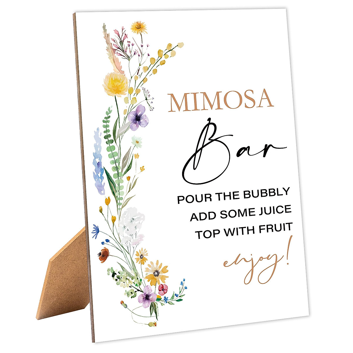 Boho Wildflower Bridal Shower Mimosa Bar Sign, Table Decor Bridal Shower Sign, Pack of 1 Wooden Tabletop Sign with Stand, Bridal Shower Decorations, Wedding Shower Supplies - XG05