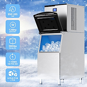 ERGMASTER Commercial Ice Maker Machine 550 LBS/24H - Industrial Ice Machine with 350LBS Large Storage Bin Ice Ready in 8-15 mins Stainless Steel Construction,Clear Ice Maker for Bar/Cafe/Restaurant