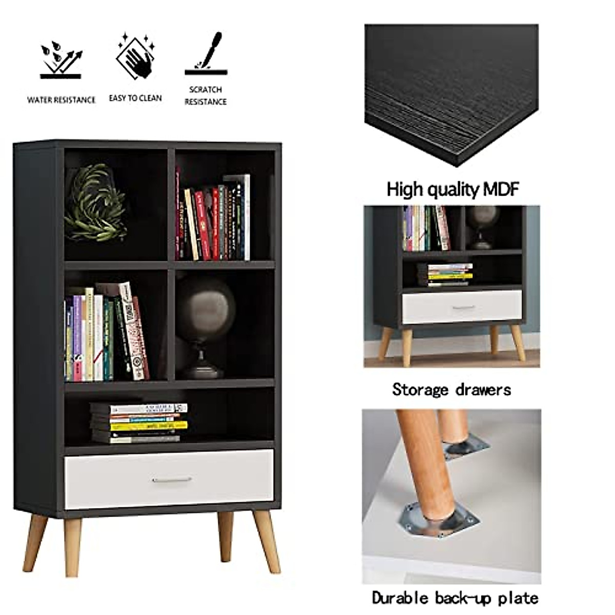 MIN WIN Cube Bookshelf 4 Tier Open Bookcase with Drawers & Legs, 41" Tall Black Wood Bookshelves Display Short Book Shelf,Freestanding Decorative Storage Organizer Shelf for Living Room Home Office