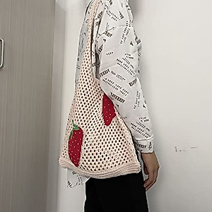 Women's Shoulder Handbags Aesthetic Knitted Hobo Bag Cute Hollow Strawberry Bag Y2K Underarm Bag Beach Bag Y2K Shoulder Cute Flower Knitting Tote (Off-white)