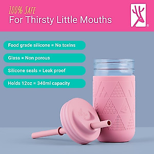 Elk and Friends Kids & Toddler Cups | The Original Glass Mason jars 12 oz with Silicone Sleeves & Silicone Straws | Smoothie Cups | Spill Proof Cups