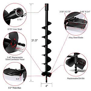 LONGRUN Earth Auger Drill Bit for Garden Fence Post, 4" x 31.5" Post Hole Auger, 0.79”(20mm) Inner Shaft Auger Bit for Planting Trees and Bedding, Bulbs, Seedlings, Gardening, Large Fencing Digger