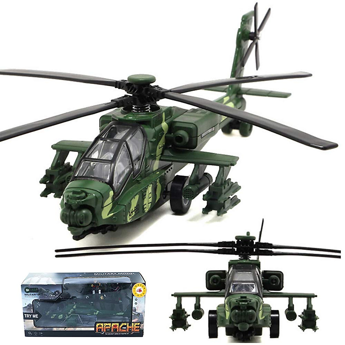 CORPER TOYS Army Helicopter Toy Diecast Military Attack Plane with Lights and Sounds Pullback Vehicles for Kids Boys Bonus with 2 Army Soldiers