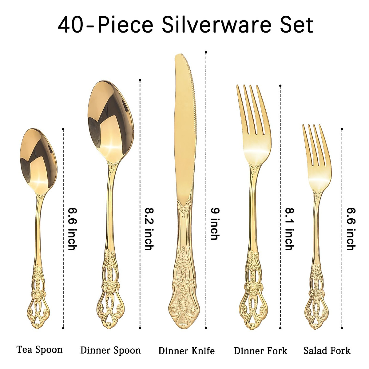 Retro Royal Gold Silverware Set With Gift Box For 8 Cutlery Set Utensils Stainless Steel Flatware 40 Pieces MIKIWAY Kitchen Tableware Set For Gifts Festive, Dishwasher Safe, Mirror Polishing
