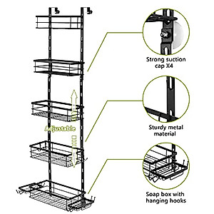 PINPON Over the Door Shower Caddy 5-tier Adjustable Hanging Shower Organizer with 8 Hooks Extra Large Metal Rustproof Bathroom Shelves Rack with 2 Detachable Soap Holder(Black)