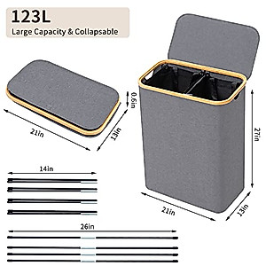 BRIAN & DANY 123L Laundry Basket with Lid, Large Laundry Hamper Organizer 2 Section with Removable Bag Liner for Bathroom and Bedroom (Grey)