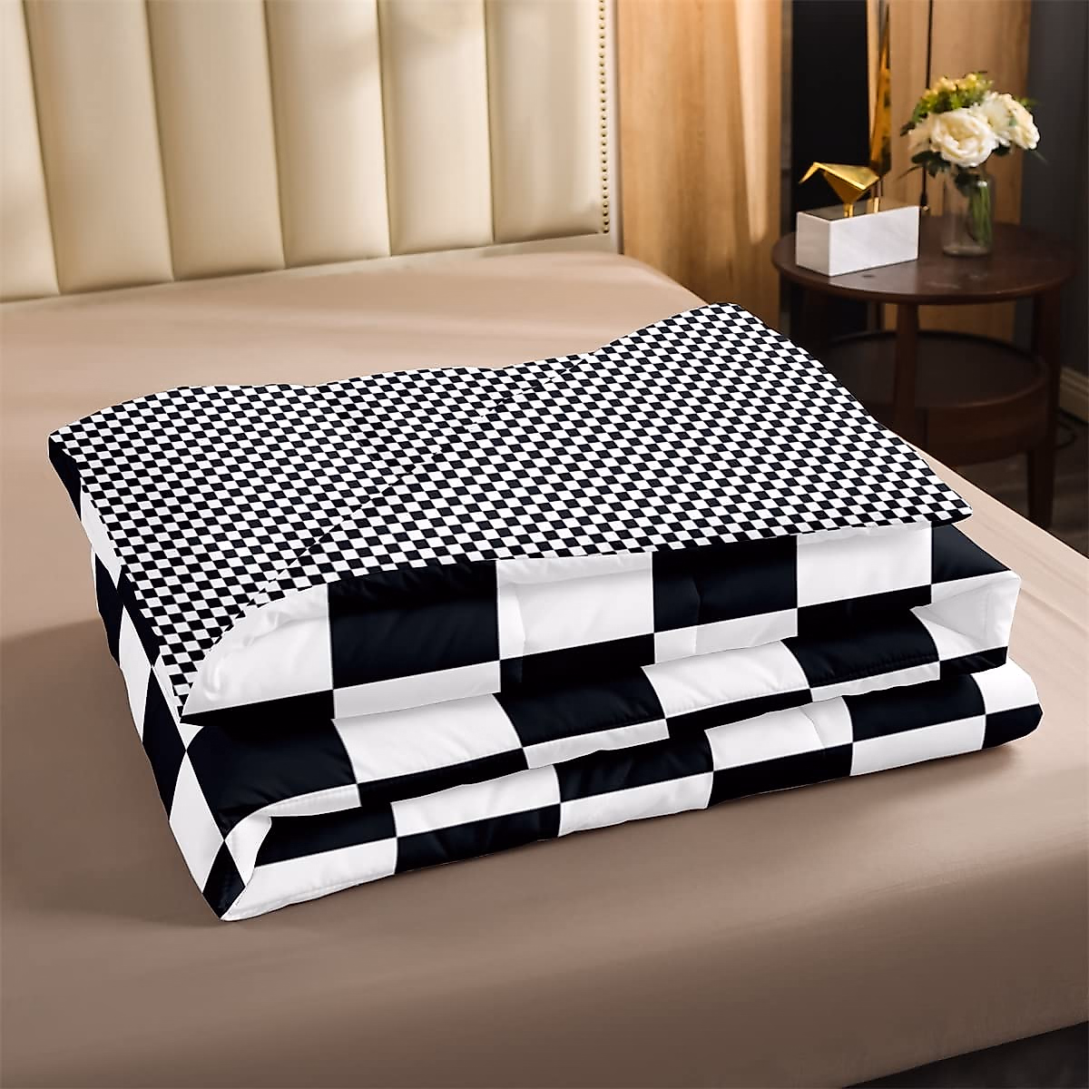 Erosebridal Black Grid Comforter Set Twin Black and White Checkered Bedding Set Reversible Farmhouse Buffalo Plaid Comforter for Kids Boys Teen Bedroom,Gingham Duvet Insert with 1 Pillow Case