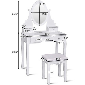 Vanity Table Set, Wooden Dressing Table with Oval 360° Rotating Mirror, 5 Storage Drawers, Painted Finish, Vanity Makeup Table with Padded Stool Seat, Detachable Table Top, Easy to Assemble (White)