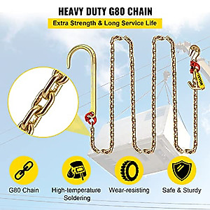VEVOR J Hook Chain, 5/16 in x 10 ft Tow Chain Bridle, Grade 80 J Hook Transport Chain, 9260 Lbs Break Strength with JT Hook & Grab Hook, Tow Hooks for Trucks, Heavy Duty J Hook and Chain Shorteners