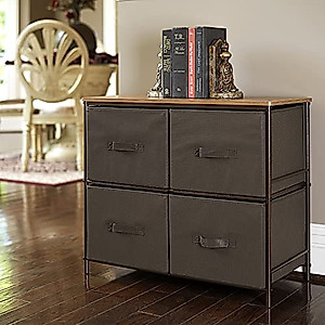 Household Essentials 2-Tier Storage Chest of Drawers Bronze Frame Wood Grain Top and 4 Brown Storage Bins with Natural Jute Trim