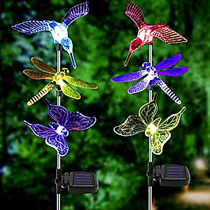 Solar Garden Lights Outdoor - 2 Pack LED Figurine Stake Light, Color Changing Decorative Landscape Light LED Solar Powered Hummingbird Butterfly Dragonfly for Patio Yard Pathway Halloween Christmas