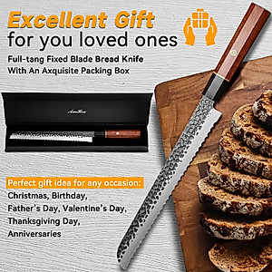 AmHoo Bread Knife 10-inch 9CR18MOV High Carbon Stainless Steel Professional Hand Forged Ultra Sharp Serrated Handle Rosewood for Homemade Bread Cake Christmas Gifts