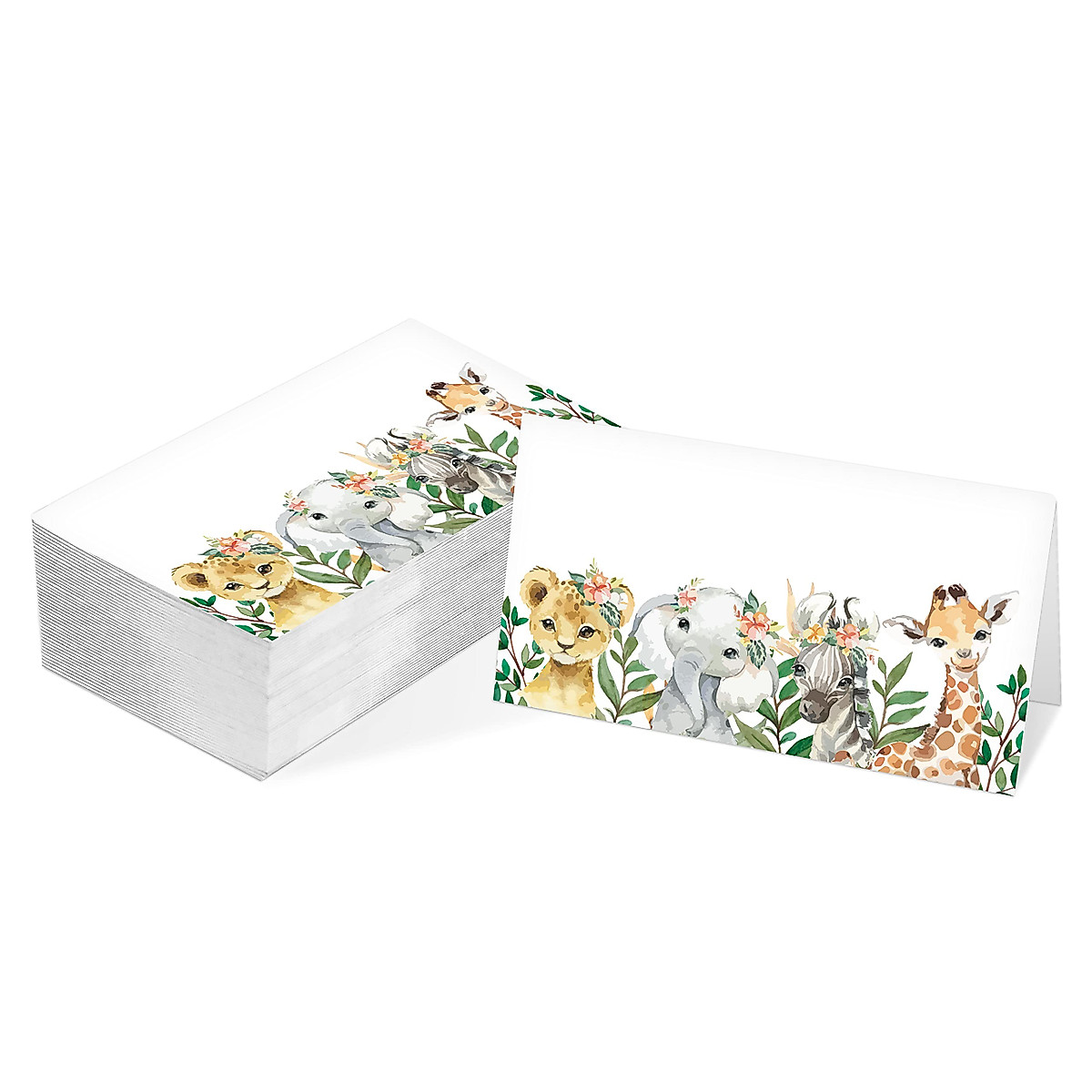 Table Place Card, Jungle Safari Animals Themed Tent Style Cards, Pack of 25 Half-Fold Reception Place Card, Wild Animal Food Labels, Perfect for Baby Shower, Birthday Party C03
