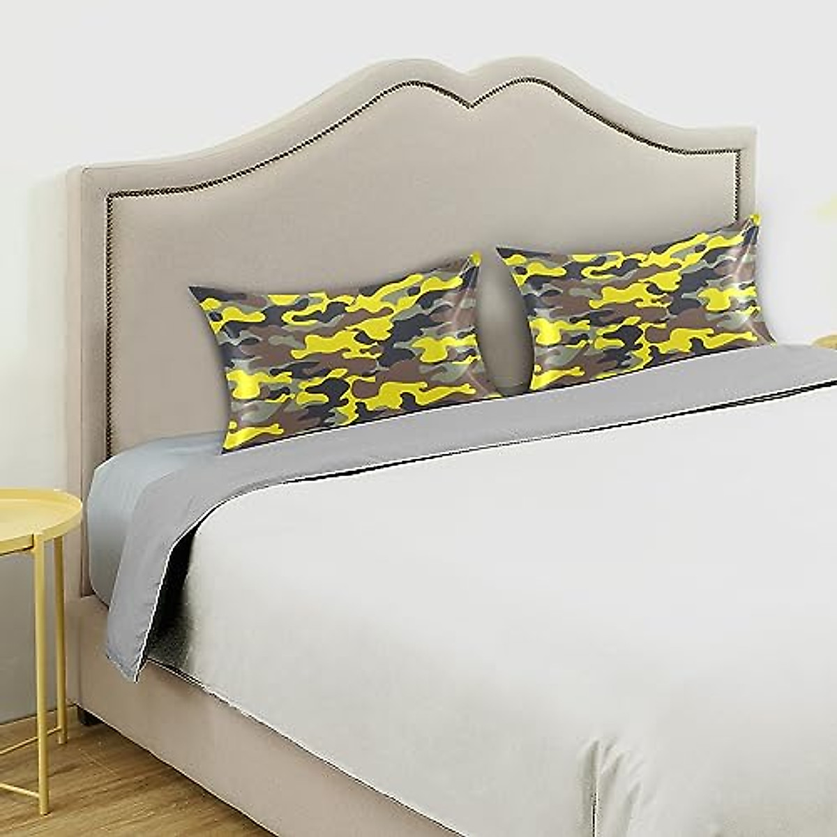 Yellow Camo Pillow Covers Silk Pillowcase for Hair and Skin Soft and Smooth Cooling Satin Pillowcase Standard Size Pillow Case for Bedroom Bed Sleeping (20x26 Inch)