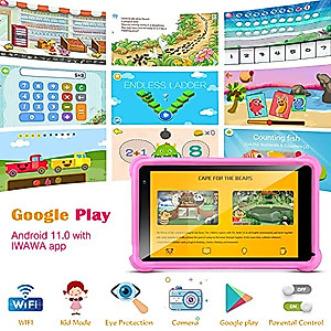 qunyiCO 7 inch Kids Tablet 32GB Android 11 WiFi Camera Bluetooth 2GB RAM Eye Protection HD IPS Touch Screen 1024x600 Kid-Proof Case Parental Control Learning Apps on Google Certified Playstore Pink