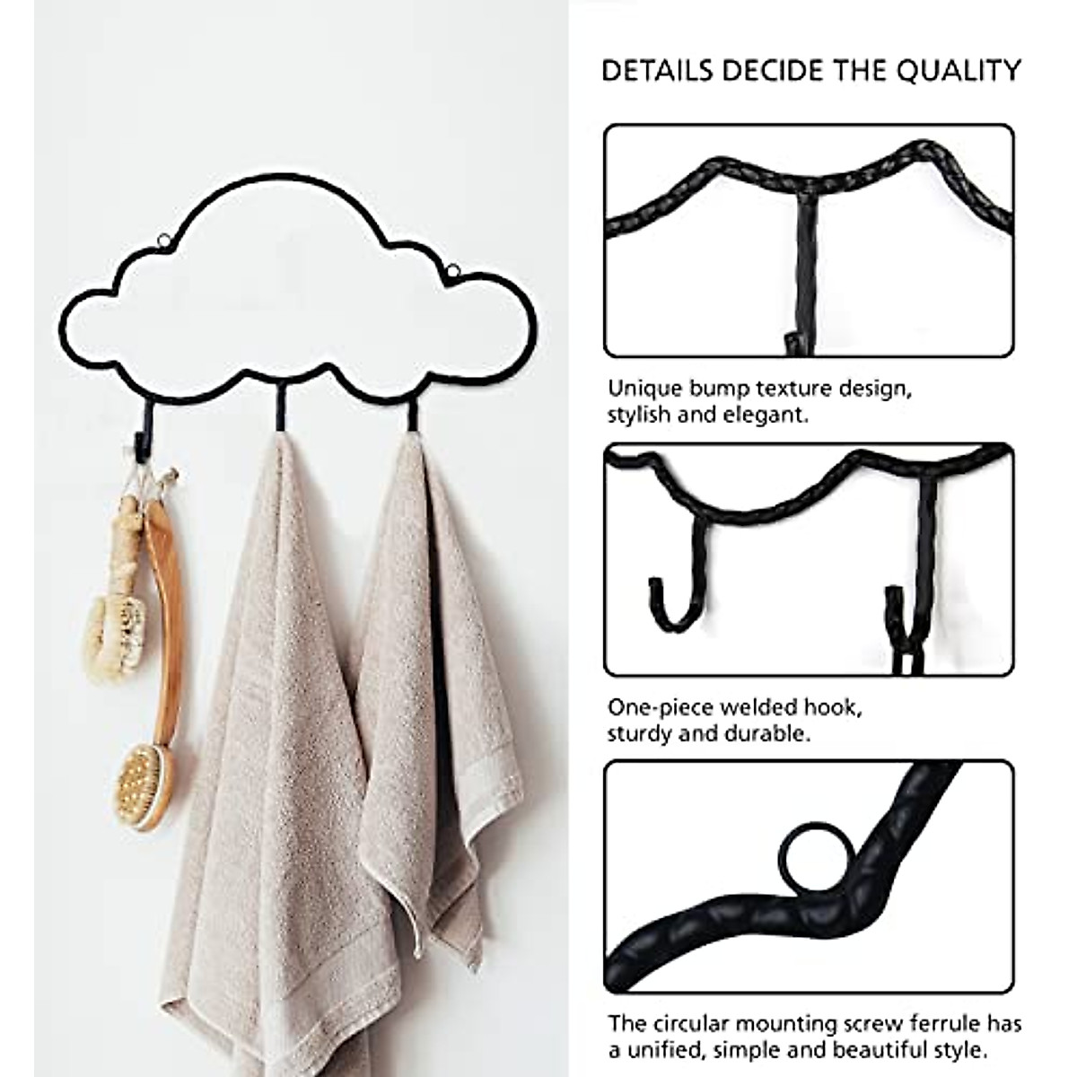 ARTLUO Backpack Hooks for Wall, Coat Hooks Wall Mount Cloud-Shaped Set of 2, Bag Hooks, Towel Hooks, Key Hooks, for Entry Foyer, Living Room, Bedroom, Bathroom，Black