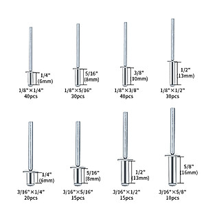 200 Pcs Pop Rivets Assortment Kit, Assorted Aluminum Blind Rivets, Metal Flange Blind Rivets for Metal, 1/8"x1/4", 1/8"x5/16", 1/8"x3/8", 1/8"x1/2", 3/16"x1/4", 3/16"x5/16", 3/16"x1/2", 3/16"x5/8"