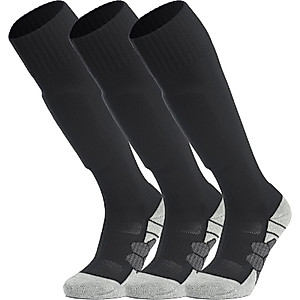 APTESOL Youth Soccer Socks Kids Knee High Team Sport Cushion Sock Women Men Long Tube Cotton Athletic Compression Socks (3-Pair Black-A,Medium)