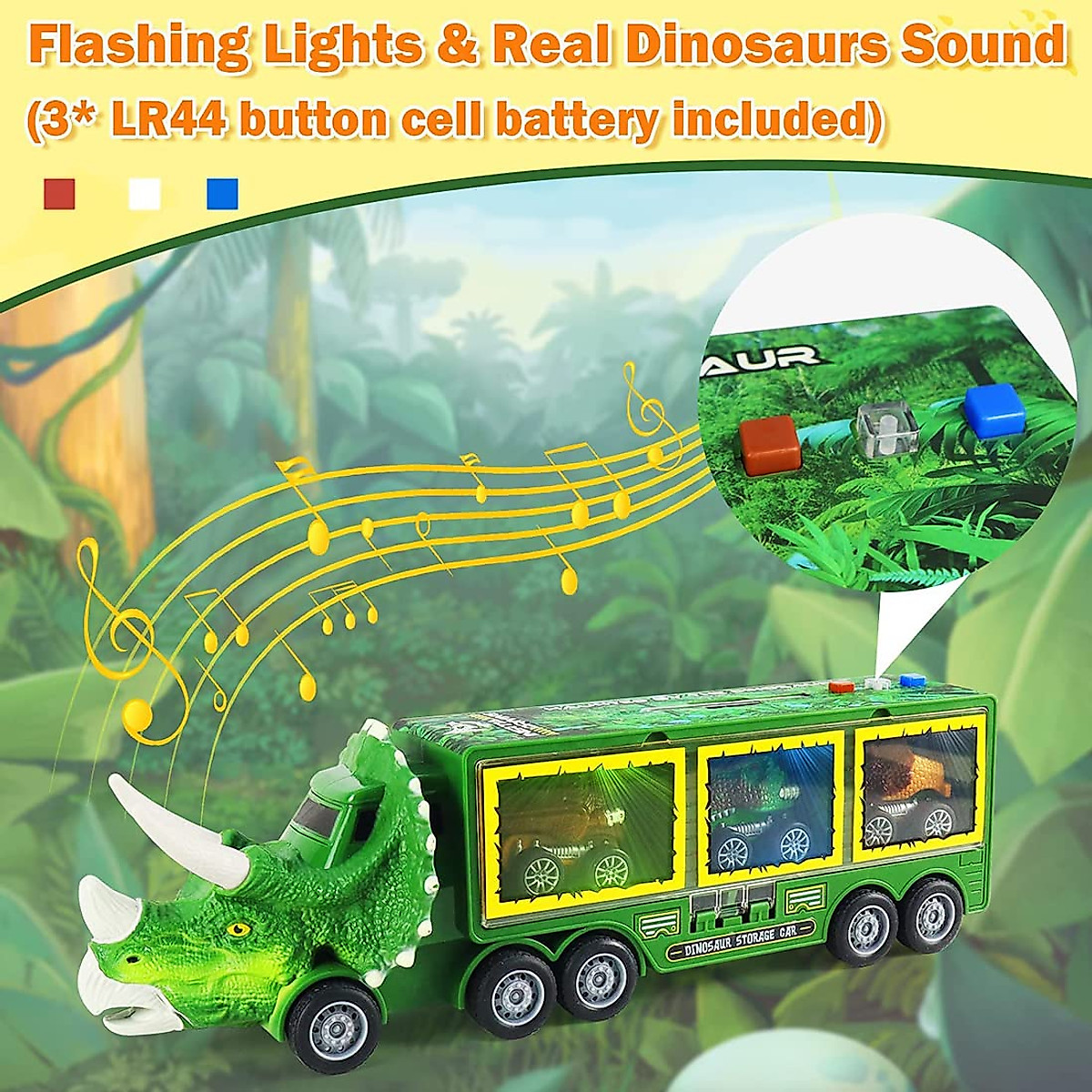 Dinosaur Toys for 3+ Year olds, Dinosaur Toy Truck for Kids 3-7 with Flashing Lights, Music, 13 in 1 Dinosaur Toys for Kids, 3 Pull Back Dinosaur Cars, 3 Dinosaur Toys and 1 Dinosaur Carrier Truck