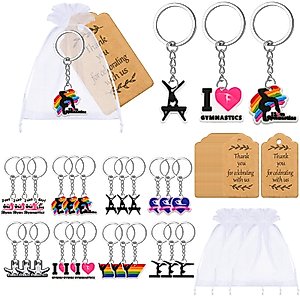 Quelay 24 Pcs Gymnastics Party Favors Gymnastics Keychains Gymnastics Party Gifts Gymnastics Theme Birthday Party Supplies with Organza Bag and Thank You Kraft Tag for Backpack Handbag Decoration