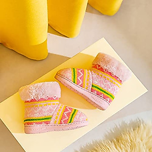 Anddyam Kids Fuzzy Warm Soft Boot Slipper Non-Slip House Shoes Outdoor Indoor Winter Knitted Cozy Warm Girls Boys Slipper 12-13 pink