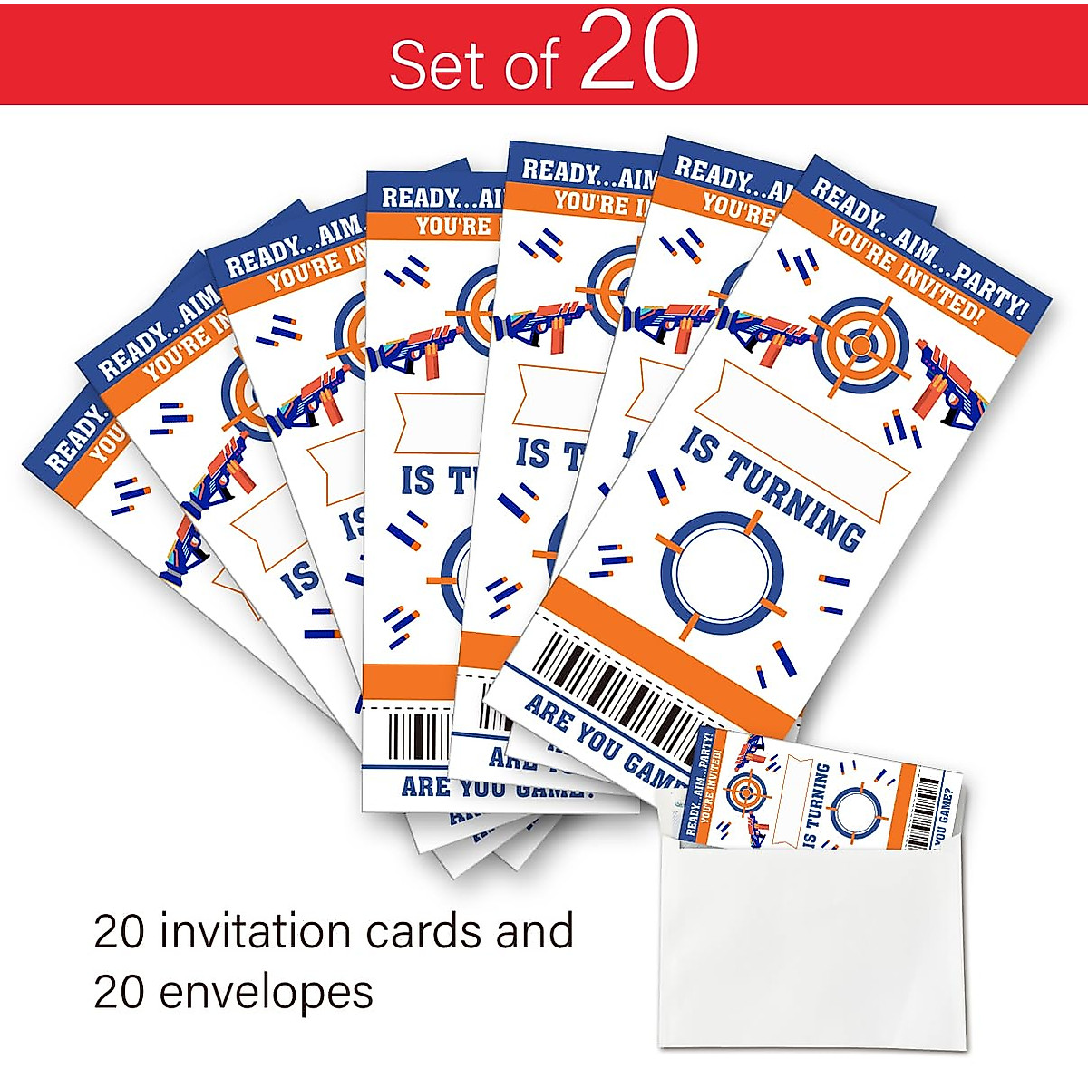 LyoGao 20 Pack Nerf Ticket Birthday Party Invitations With Envelopes Nerf Gun Battle Theme Birthday Party Ticket Style Invitations Fill in Invites Card