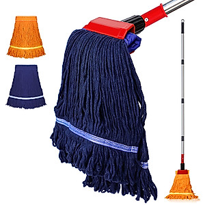 Looped-End String Wet Mop, Heavy Duty Commercial Industrial Dust Mop with 45 inch Stainless Steel Pole, 2 Replacement Floor Mop Heads for Floor, Hardwood, Laminate, Tiles Cleaning (Blue&Orange)