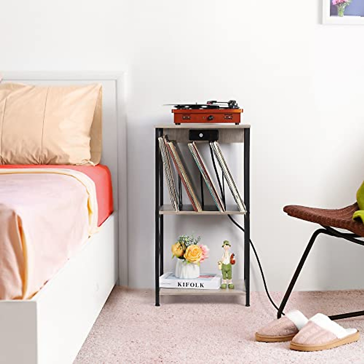 YBING Record Player Stand 3-Tier Turntable Stand with Record Storage End Table with Charging Station Vinyl Record Storage Stand with Divider Nightstand for Living Room Bedroom Office, Oak