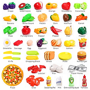 HOLYFUN 100 PCS Cutting Play Food Toy for Kids Kitchen, Pretend Fruit & Vegetables Accessories with Shopping Basket, Plastic Mini Dishes, Play Money, Perfect Educational Toy for Toddlers Boys & Girls