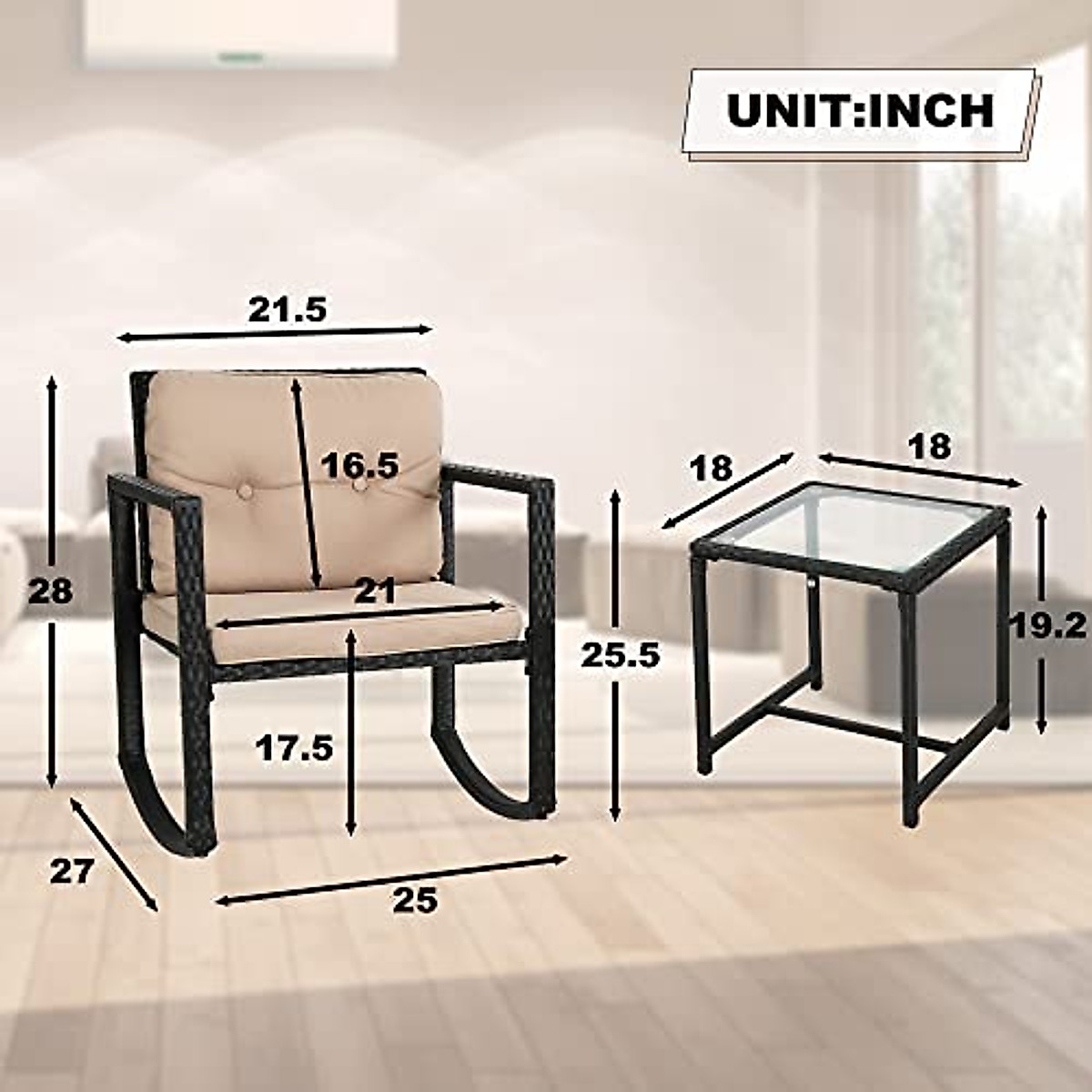 Wicker Patio Furniture Sets 3 Piece Outdoor Bistro Set Rocking Chair Patio Set Rattan Chair Conversation Sets for Backyard Porch Poolside with Coffee Table,Black