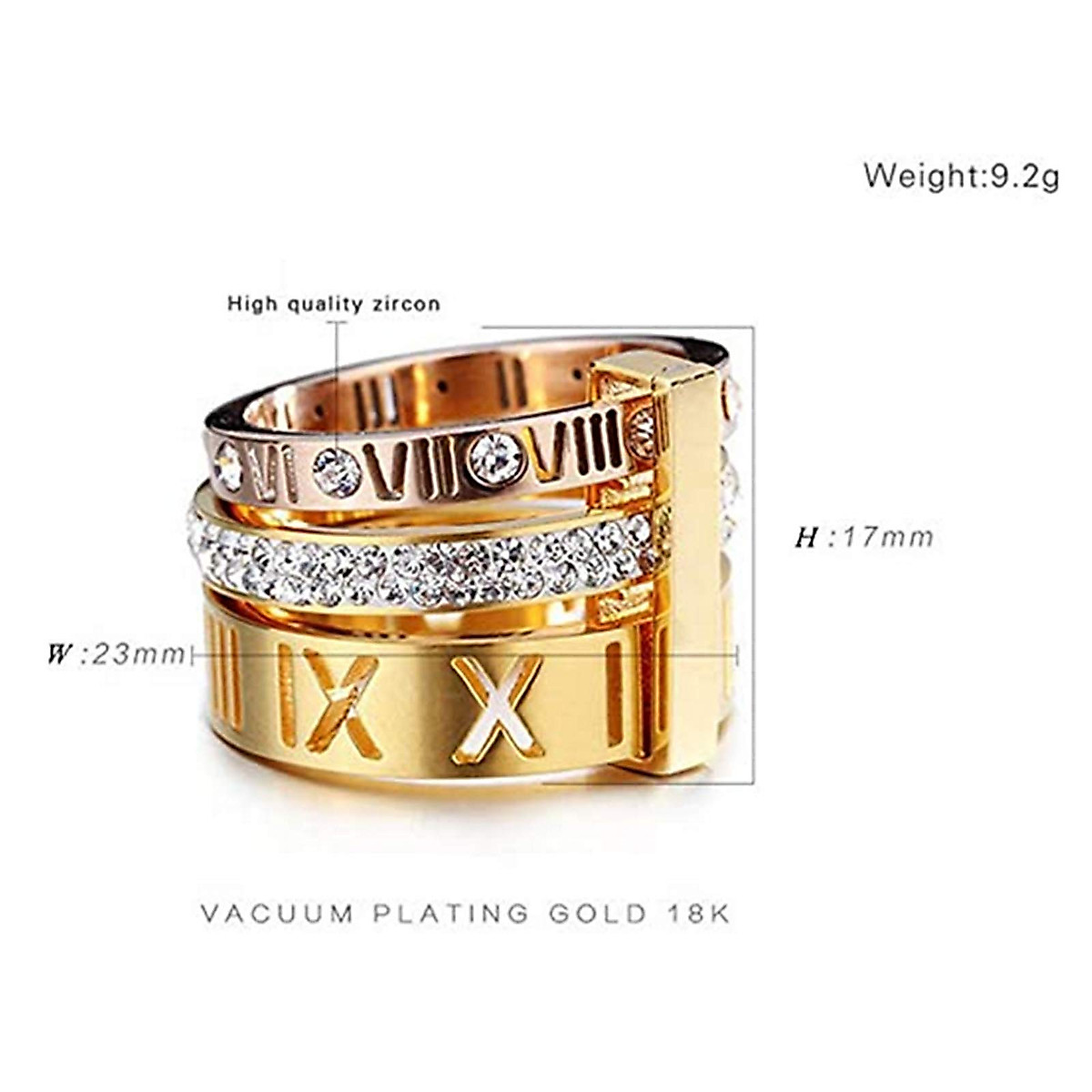 PAMTIER Women's Stainless Steel with Zirconia Roman Numerals 3 in 1 Ring Rose + Gold Size 6.5