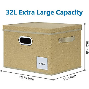 LHZK Large Storage Bins with Lids 6 Pack, Linen Fabric Storage Boxes with Lids, Foldable Storage Baskets with 3 Handles and Label Window for Shelves Bedroom Closet Office (15.75x11.8x10.2,Black,Beige)
