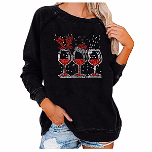 Christmas Sweatshirts for Women 2022 Fashion Red Wine Glass Print Long Sleeve Pullover Xmas Casual Crew Neck Tops